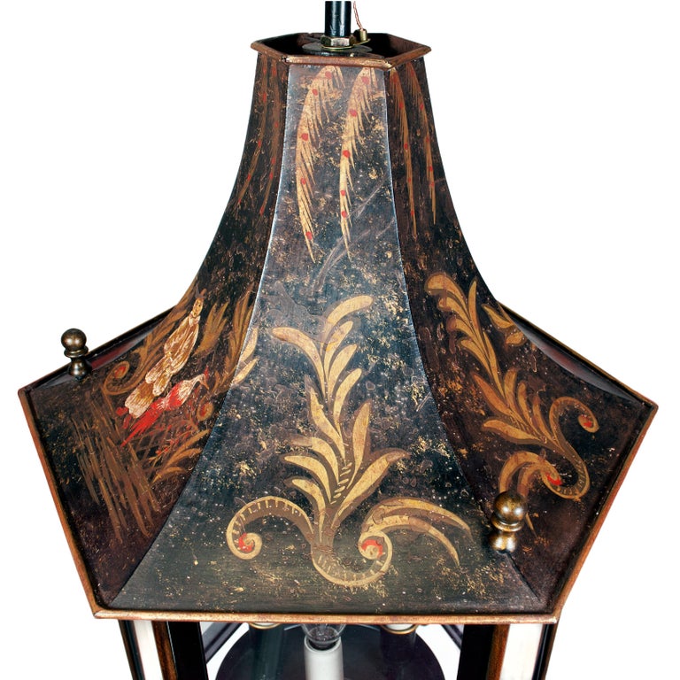 Tole Peinte Hexagonal Lantern Featuring Traditional Chinoiserie Imagery ...
