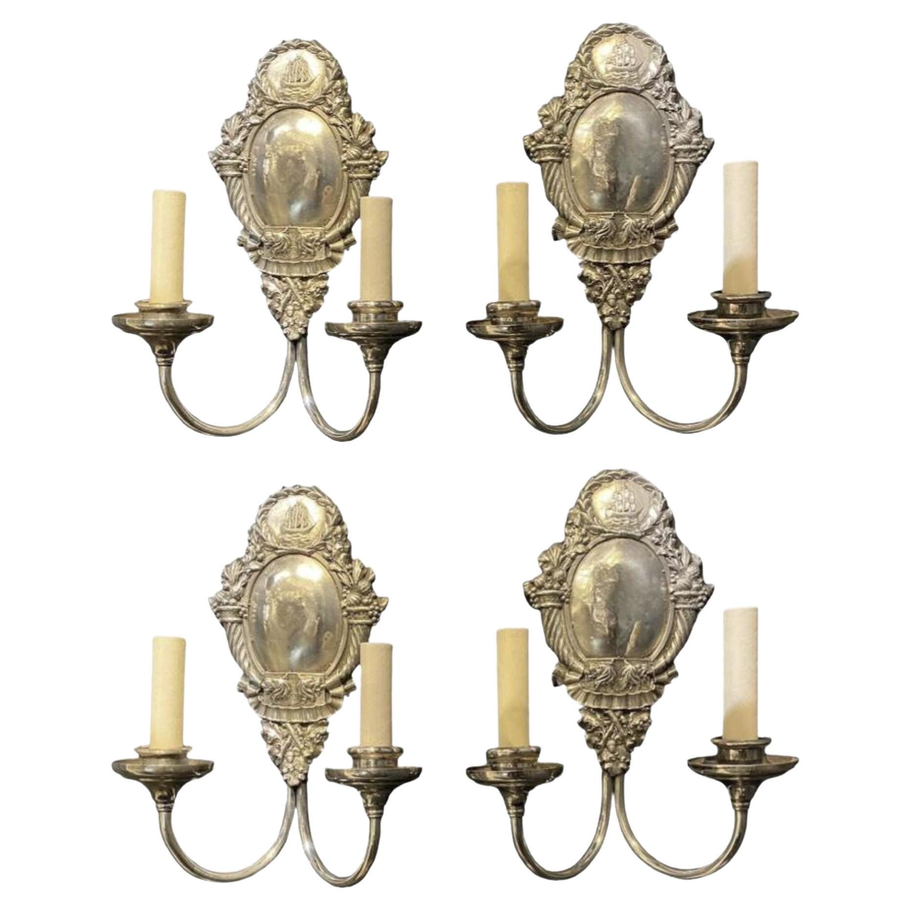 1920's English silver plated sconces with heraldry design For Sale at ...