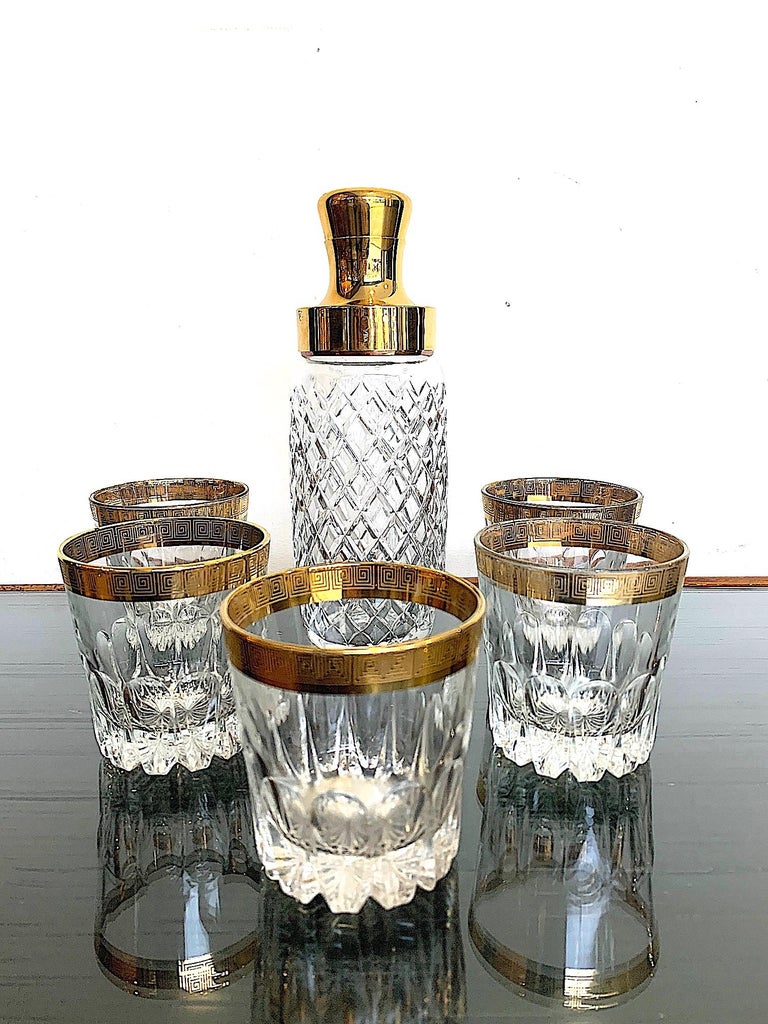 Crystal and Gilt Cocktail Set with Shaker and Six Matching Gilt Edged ...