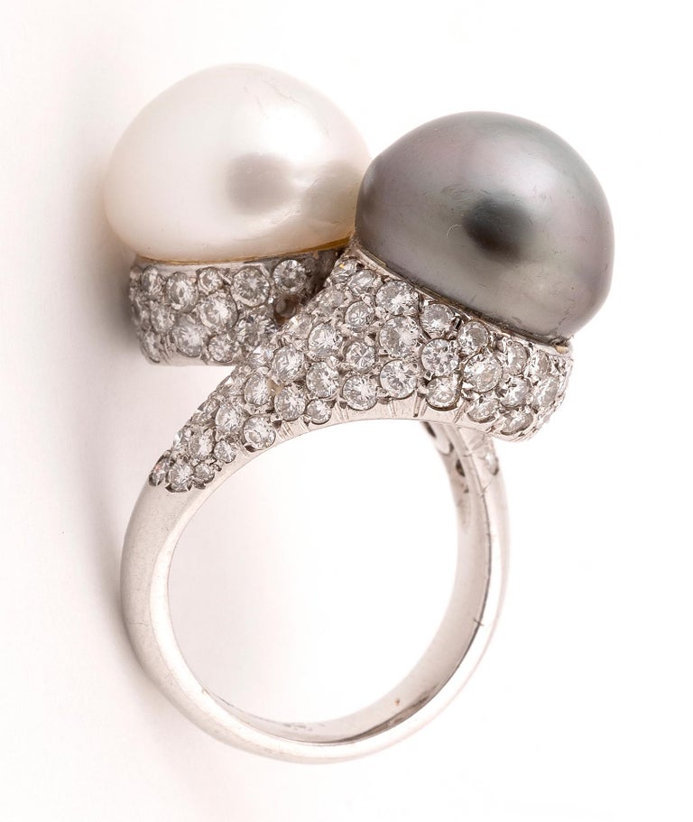Cultured Pearl and Diamond Crossover Ring For Sale at 1stdibs