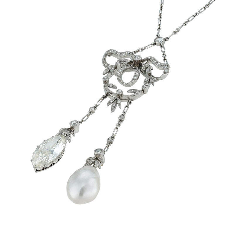 Diamond and Natural Pearl Necklace by Marret Frères For Sale at 1stDibs