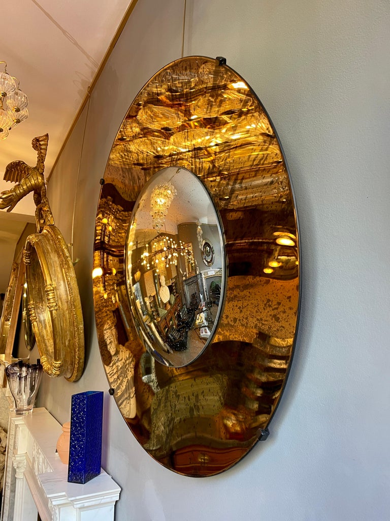 Distressed Bronze and Silver Concave Mirror at 1stDibs