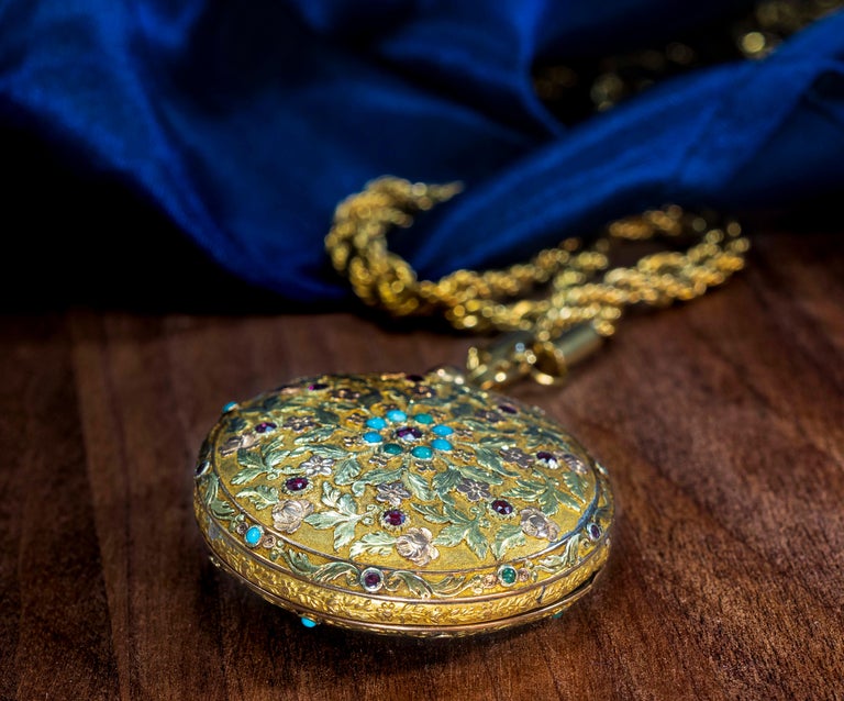 Early 18 Karat Multi-Color Yellow Gold Turquoise Amethyst Pocket Watch ...