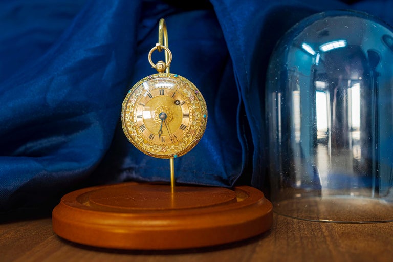 Early 18 Karat Multi-Color Yellow Gold Turquoise Amethyst Pocket Watch ...