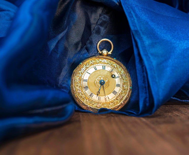 Early 18 Karat Multi-Color Yellow Gold Turquoise Amethyst Pocket Watch ...
