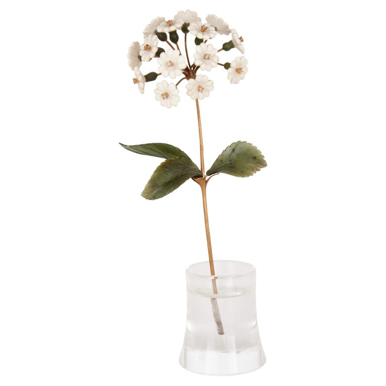 Fabergé Style Rock Crystal, Gilt, Diamond and Nephrite Flower Model For ...