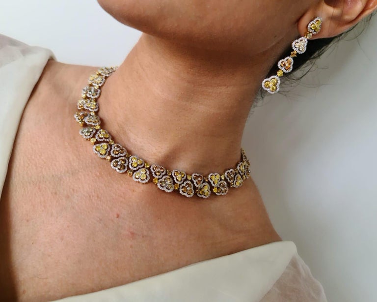 Fancy Colored Diamond Necklace and Earring Set in 18 Karat Gold at 1stDibs
