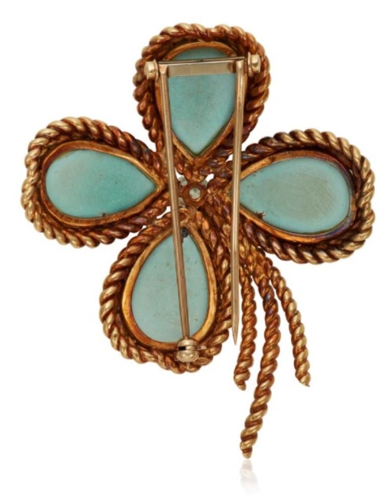 Fantastic Van Cleef and Arpels VCA Turquoise and Diamond Clover Brooch ...