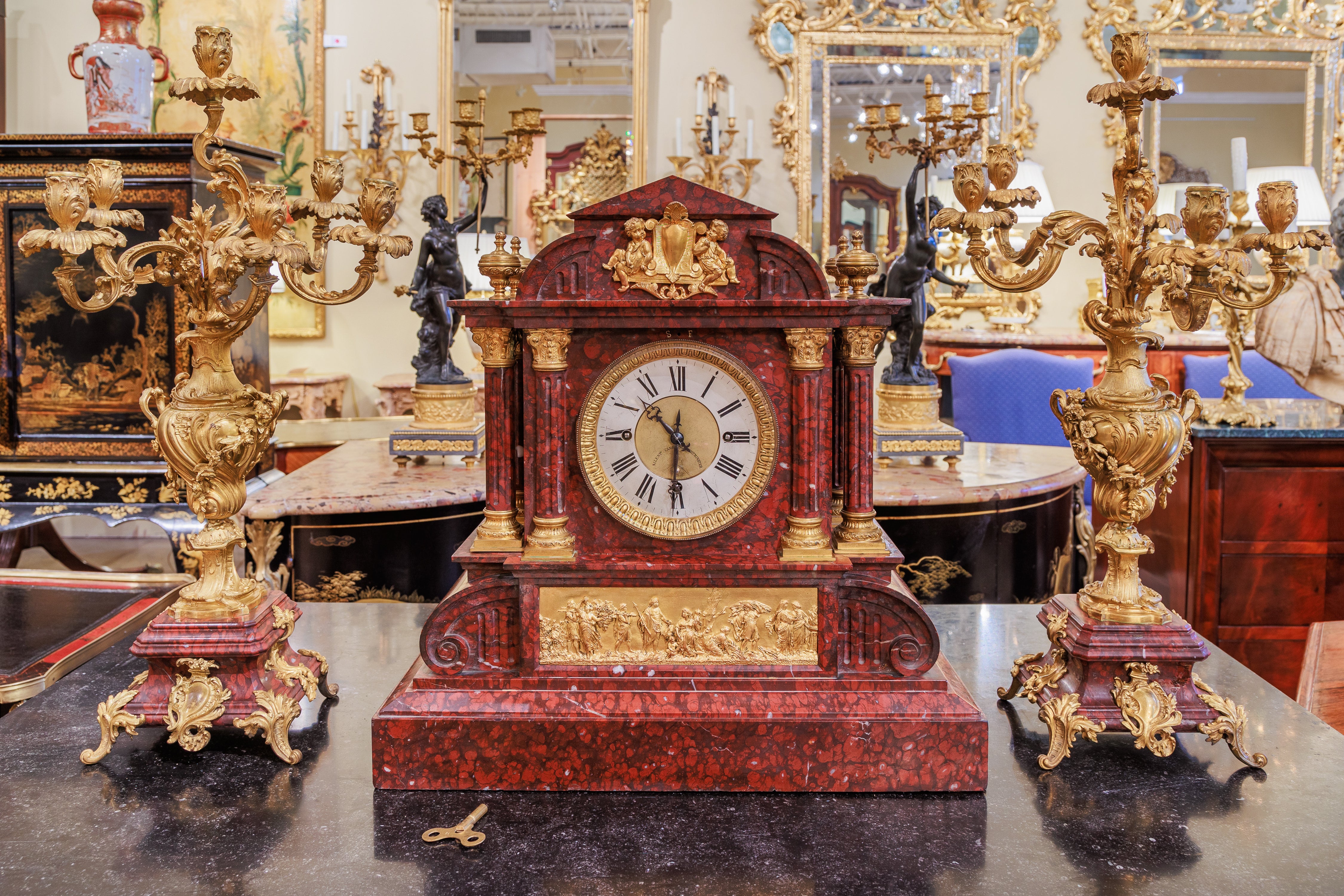 A fine 19th century French red marble and gilt bronze clock set For ...