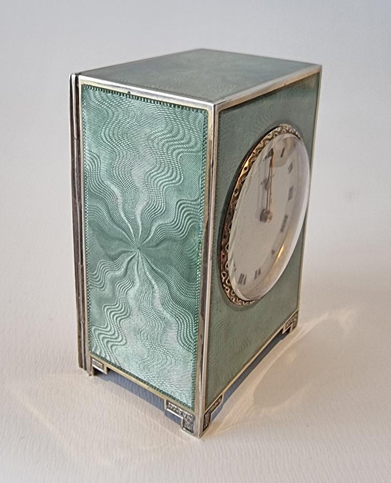Fine Asprey Silver and Guilloche Enamel Miniature Boudoir Clock in Case ...