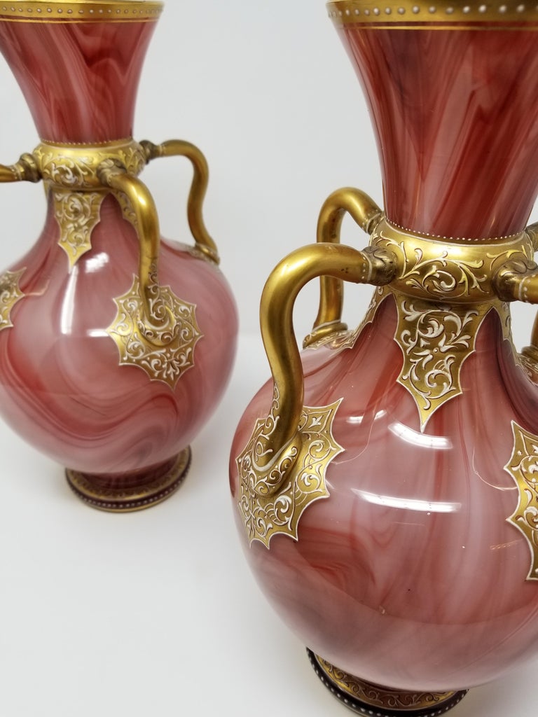 Fine Pair of Antique Enamel Marbleized Moser Glass Vases in Orientalist ...