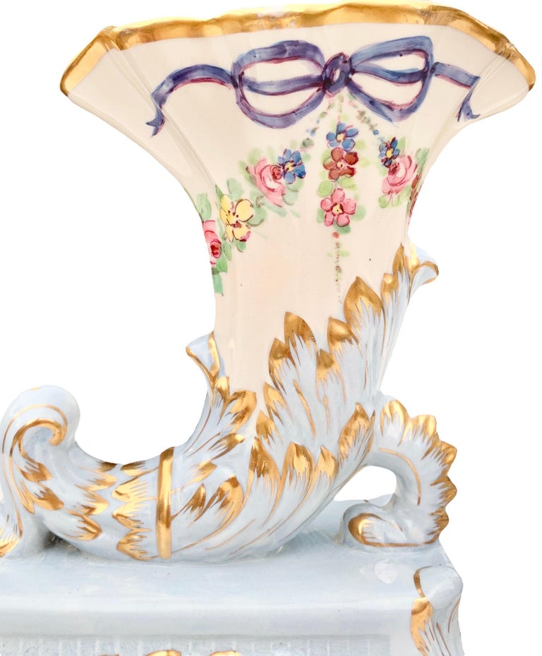 Fine Pair of Antique French Limoges Cornucopia Vases For Sale at 1stDibs