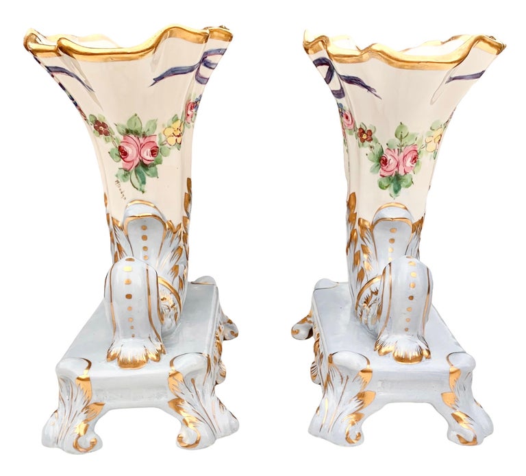 Fine Pair of Antique French Limoges Cornucopia Vases For Sale at 1stDibs