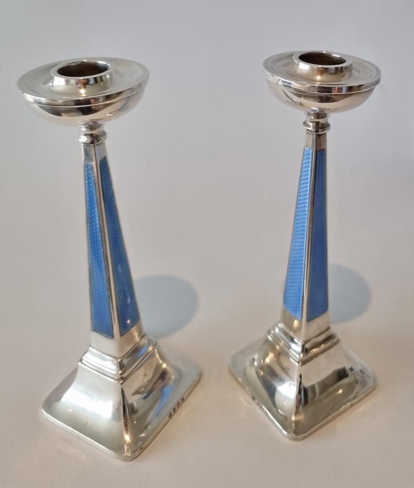 Fine Pair of Art Deco Silver and Blue Guilloche Enamel Candlesticks For ...