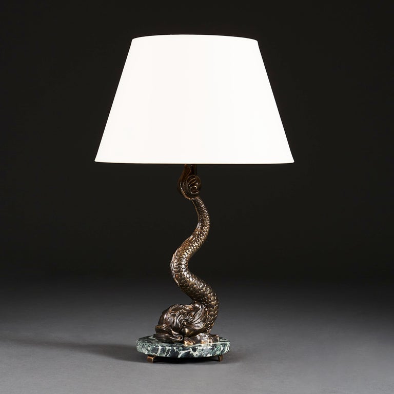 Fine Patinated Brass Dolphin Table Lamp, with Green Marble Base at 1stDibs
