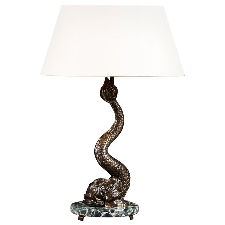 Fine Patinated Brass Dolphin Table Lamp, with Green Marble Base at 1stDibs