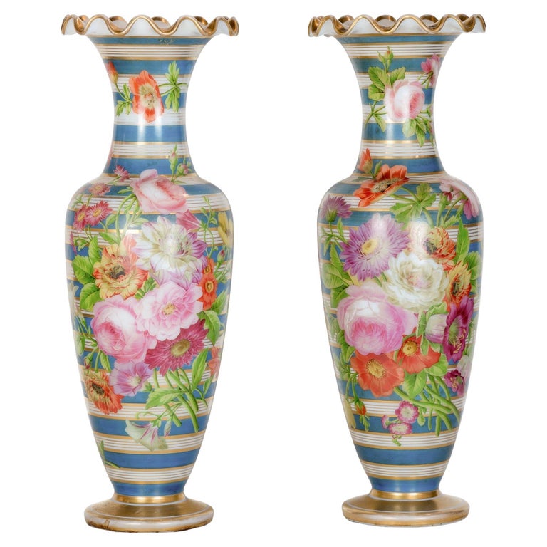 A Fine Quality Pair of French Cerulean Striped Opaline Painted Vases by ...