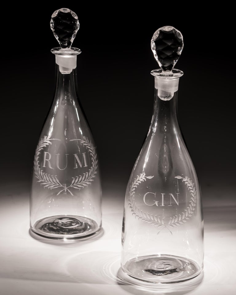 Finely Engraved Pair of Labelled Gin And Rum Tapered Georgian Decanters ...
