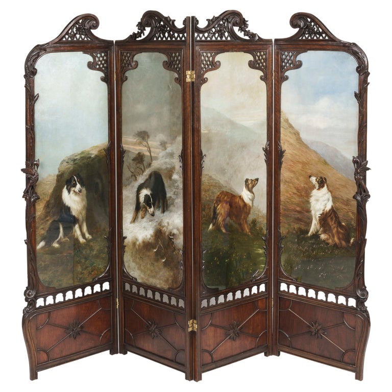 Four Fold Screen with Paintings of Dogs For Sale at 1stDibs