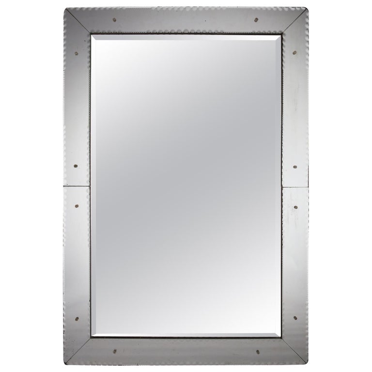 French 1940s Large Rectangular Glass Bordered Mirror with Serrated Edge ...