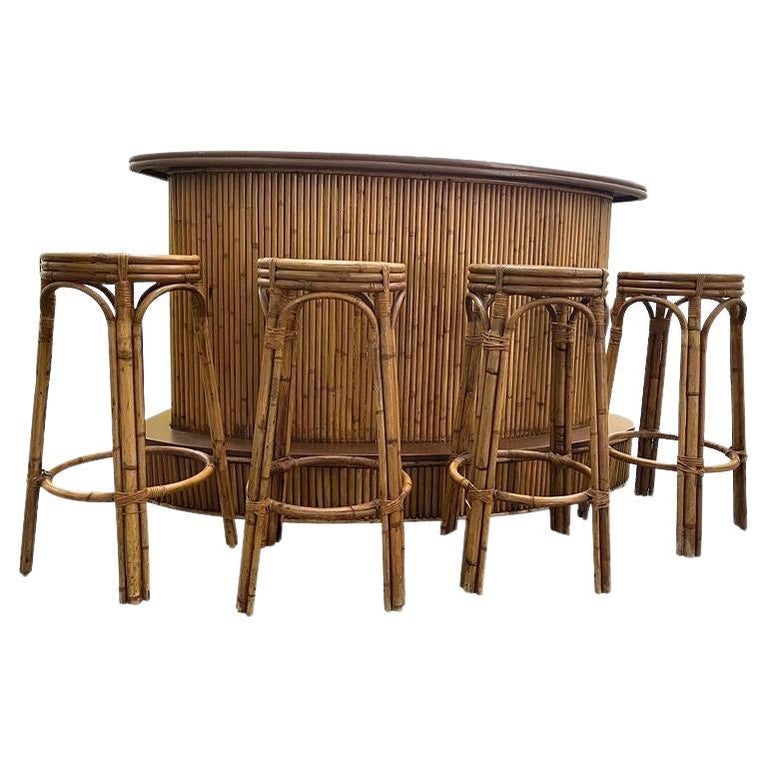 A French 1970s bamboo bar with four orignal matching bamboo bar stools ...