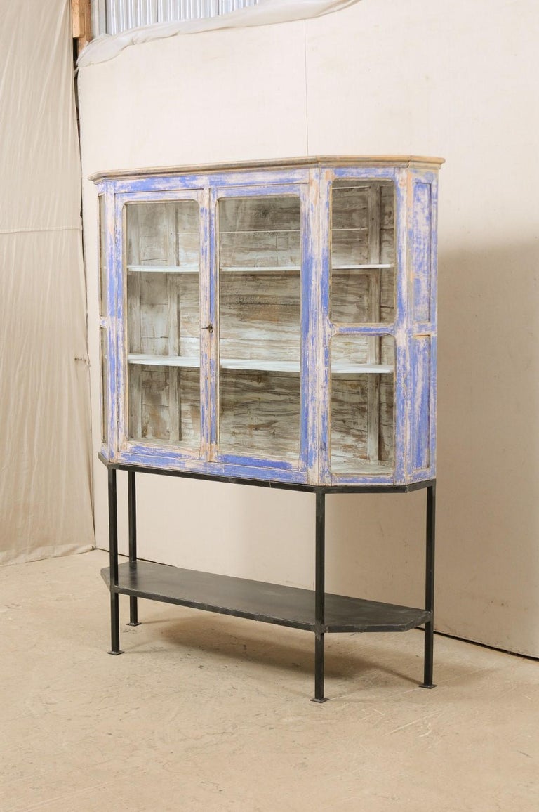 French Glass Panel Display Cabinet on Custom Iron Base with Lower Shelf ...