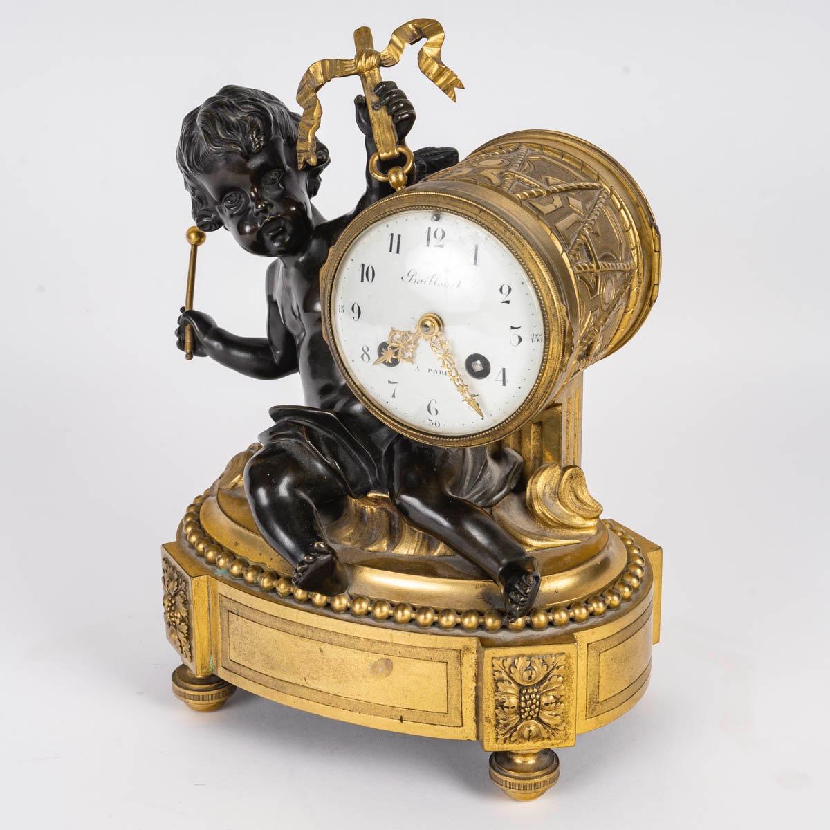A French 19th Century Mantel Clock “cupid with a drum” For Sale at 1stDibs