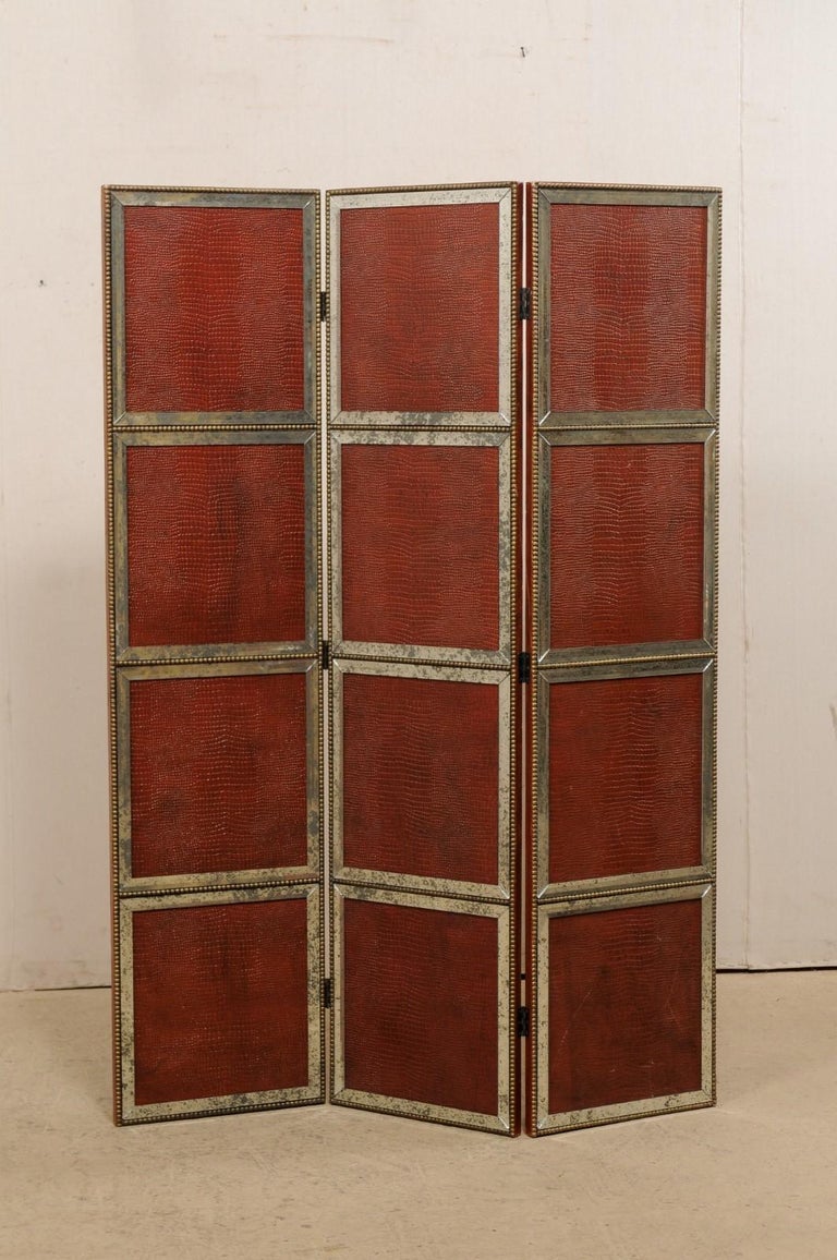 French Accordion Style Folding Screen, Textured Leather and Mirrored ...