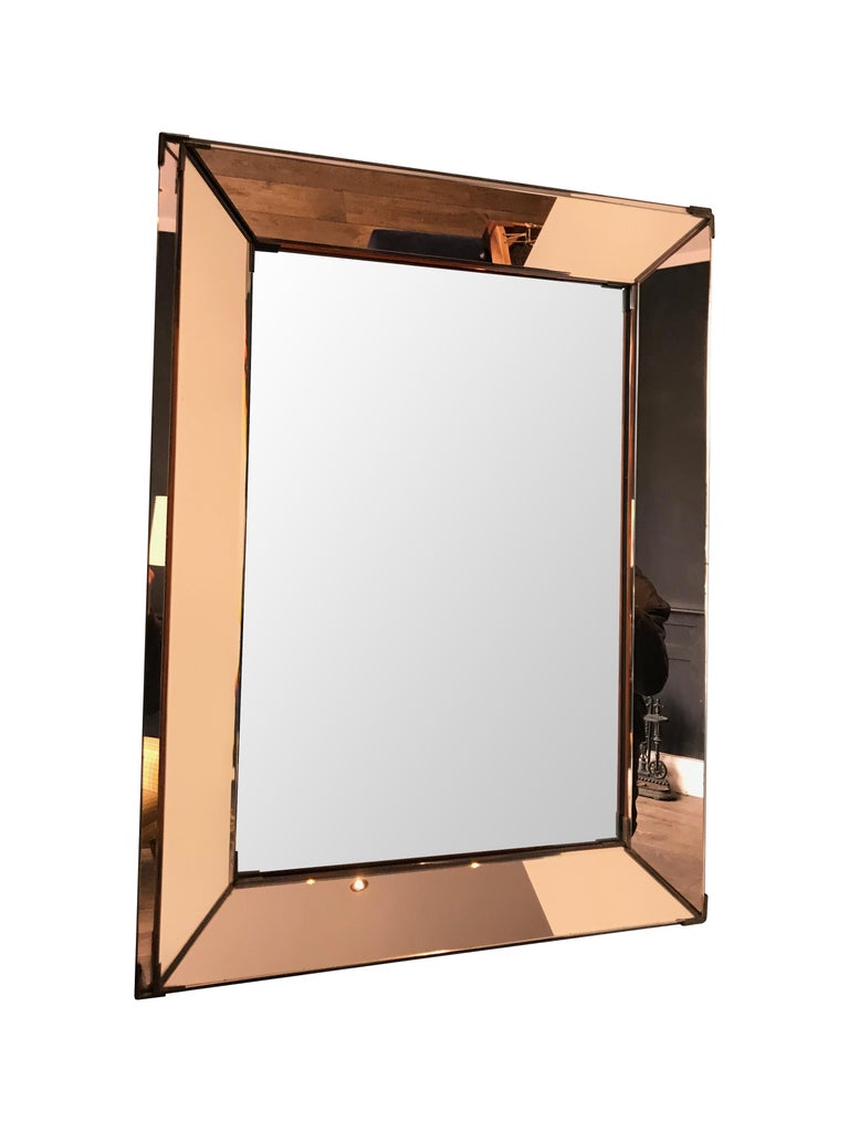 French Art Deco Rose Colored Mirror with Brass Corners at 1stDibs