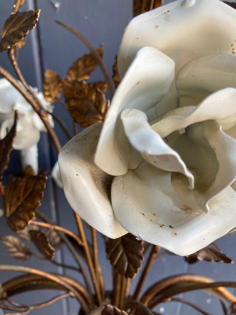 French Gilt and Enamel Painted Tôle Chandelier with Large Cream Roses ...