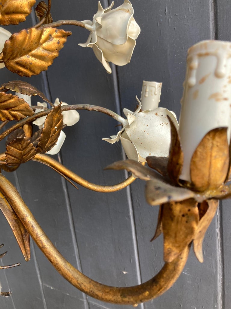 French Gilt and Enamel Painted Tôle Chandelier with Large Cream Roses ...