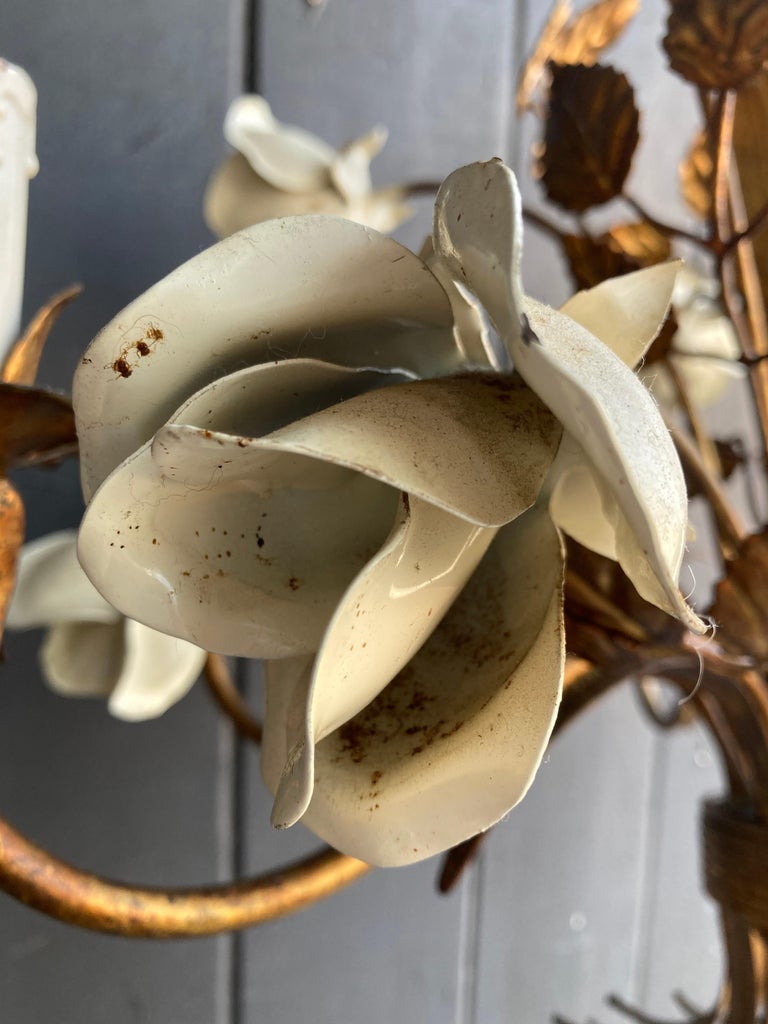 French Gilt and Enamel Painted Tôle Chandelier with Large Cream Roses ...