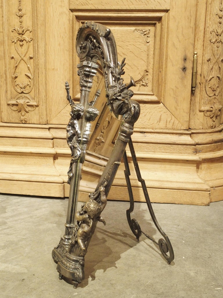 French Harp Form Table Mirror in Silvered Bronze, circa 1890 at 1stDibs