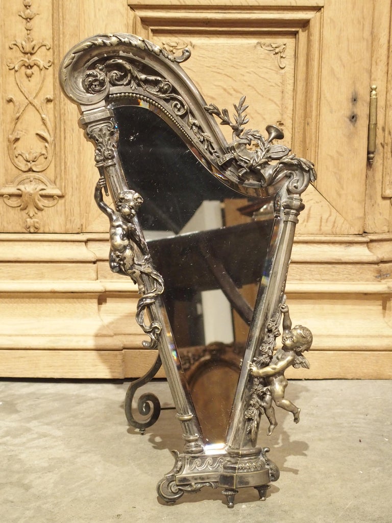 French Harp Form Table Mirror in Silvered Bronze, circa 1890 at 1stDibs