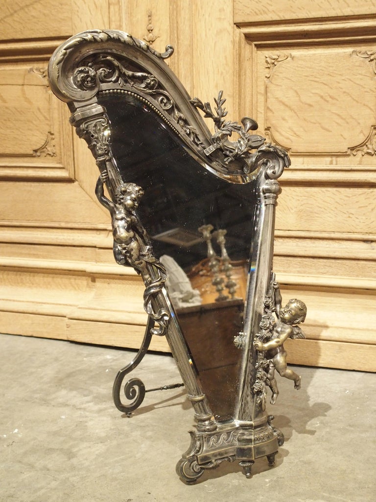 French Harp Form Table Mirror in Silvered Bronze, circa 1890 at 1stDibs