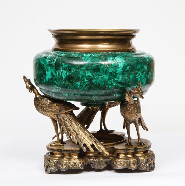 French Japonisme Phoenix Bronze and Malachite Centerpiece by G. Viot, E ...