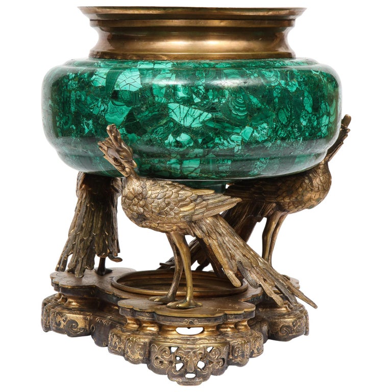 French Japonisme Phoenix Bronze and Malachite Centerpiece by G. Viot, E ...