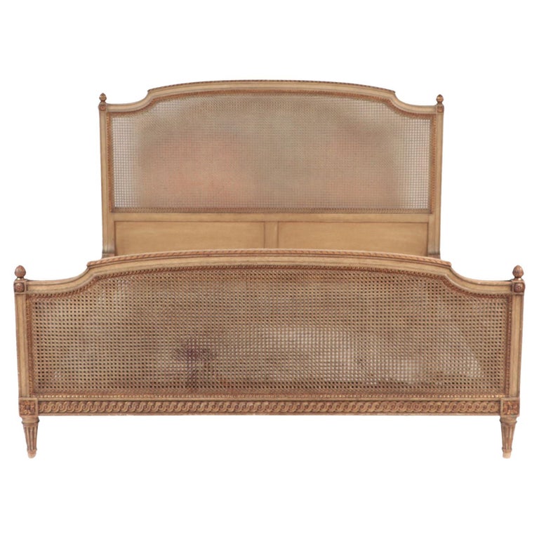 French Louis XVI Style Queen Size Bed with Cane, circa 1950 at 1stDibs
