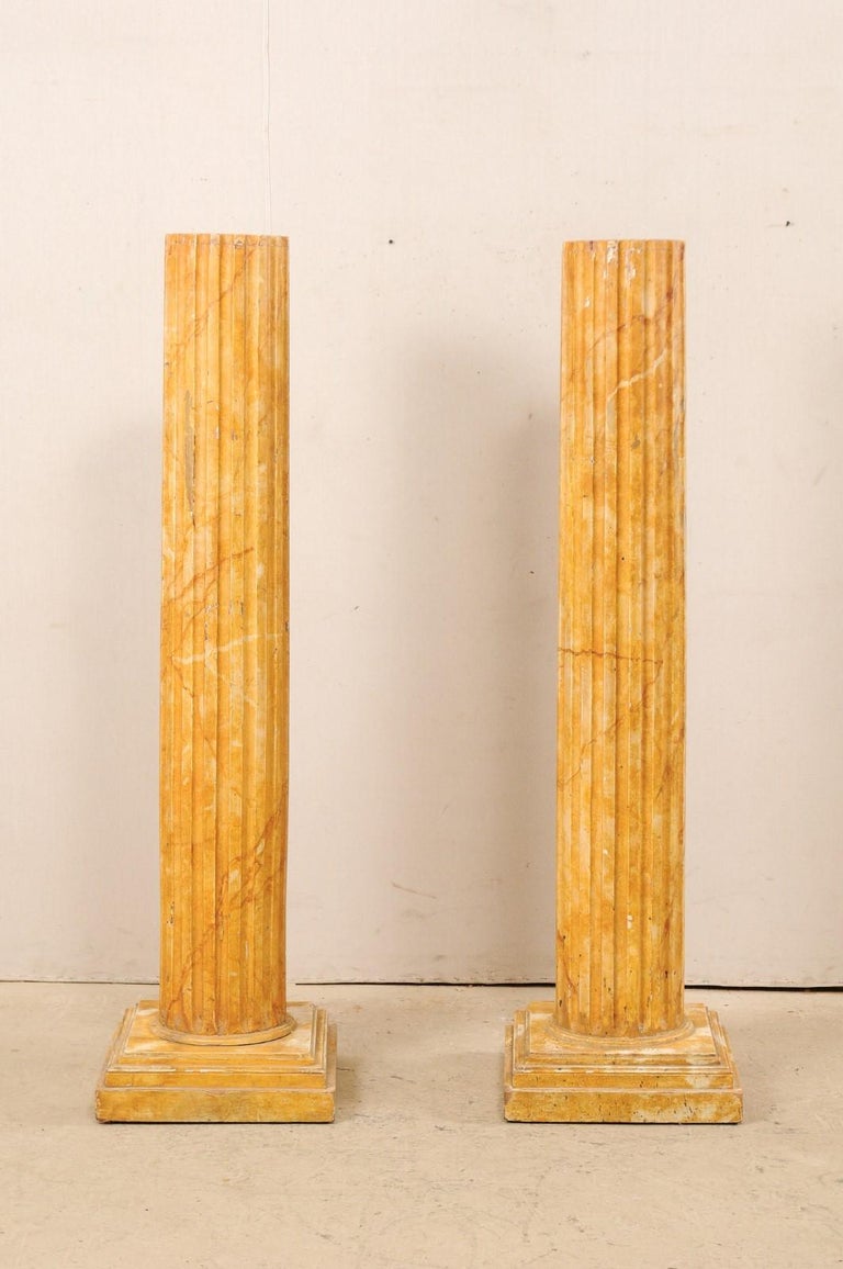 French Pair of Fluted Columns with Faux Marble Finish, Mid-20th Century ...