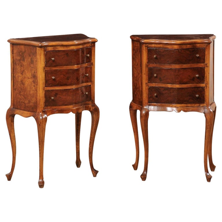 French Pair of Burl Wood 3-Drawer Serpentine Side Chests 'or End Tables ...