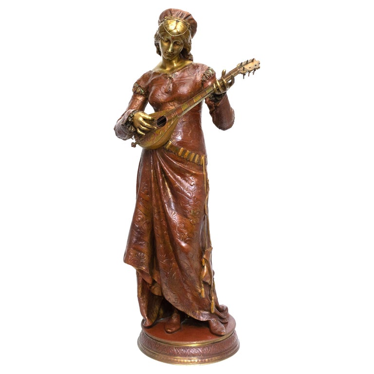 French Polychromed Bronze of Lady Playing the Lute at 1stDibs