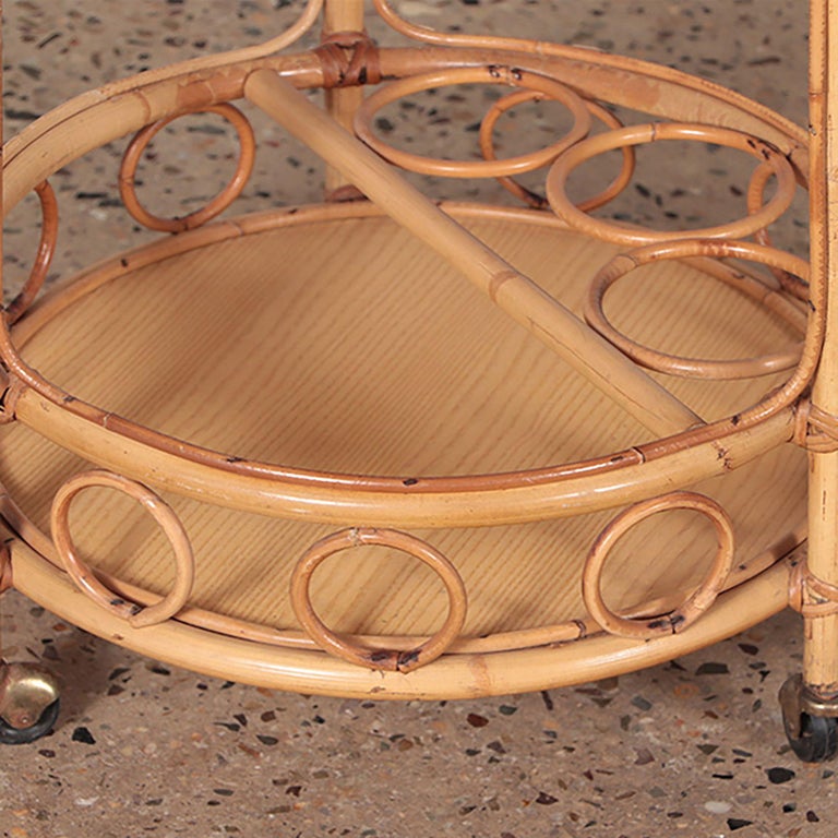 French Two Tier Rattan Bar Cart on Wheels, circa 1960 For Sale at 1stDibs