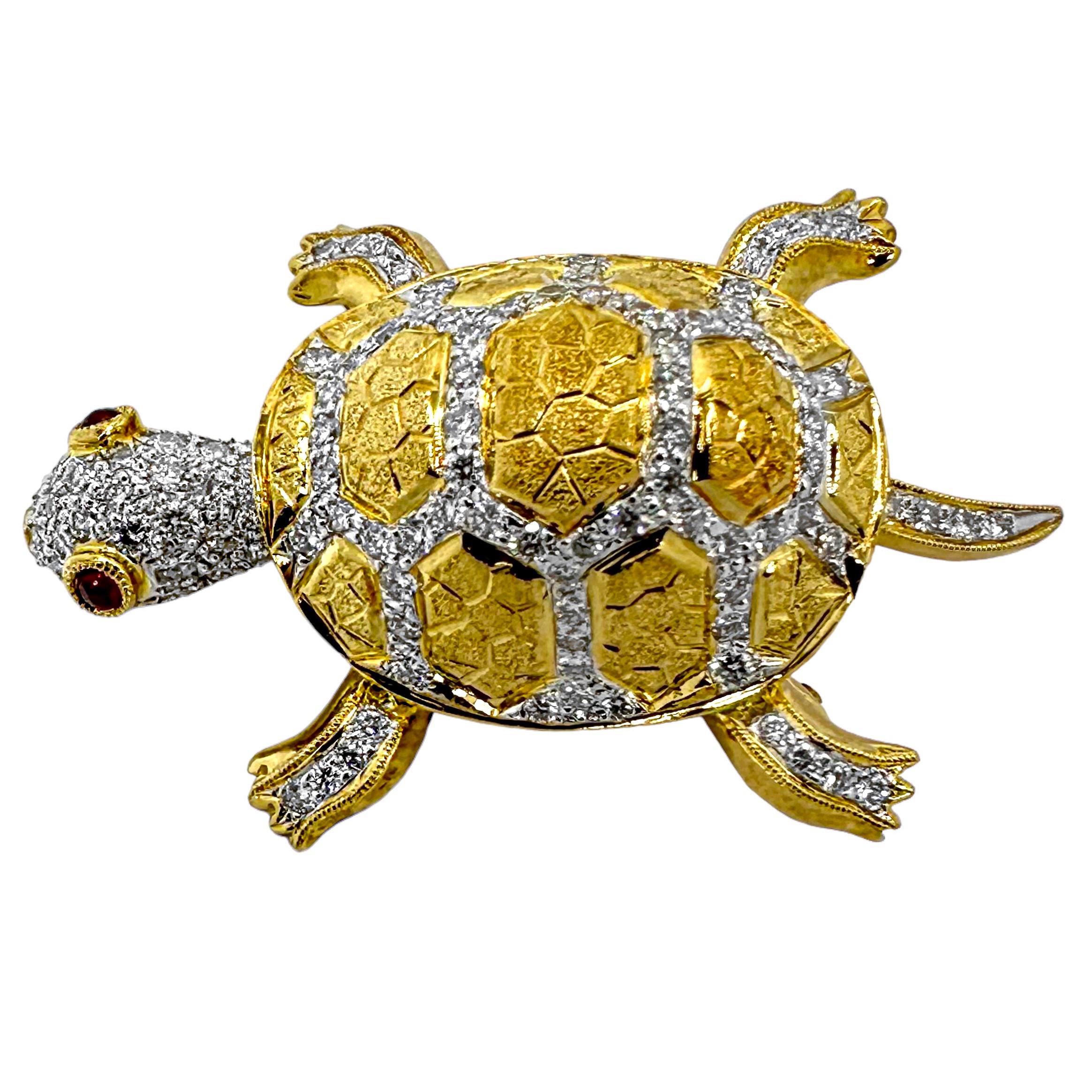 A Fun-Loving 18K Yellow Gold Turtle Pin with Diamonds and Moveable Head ...