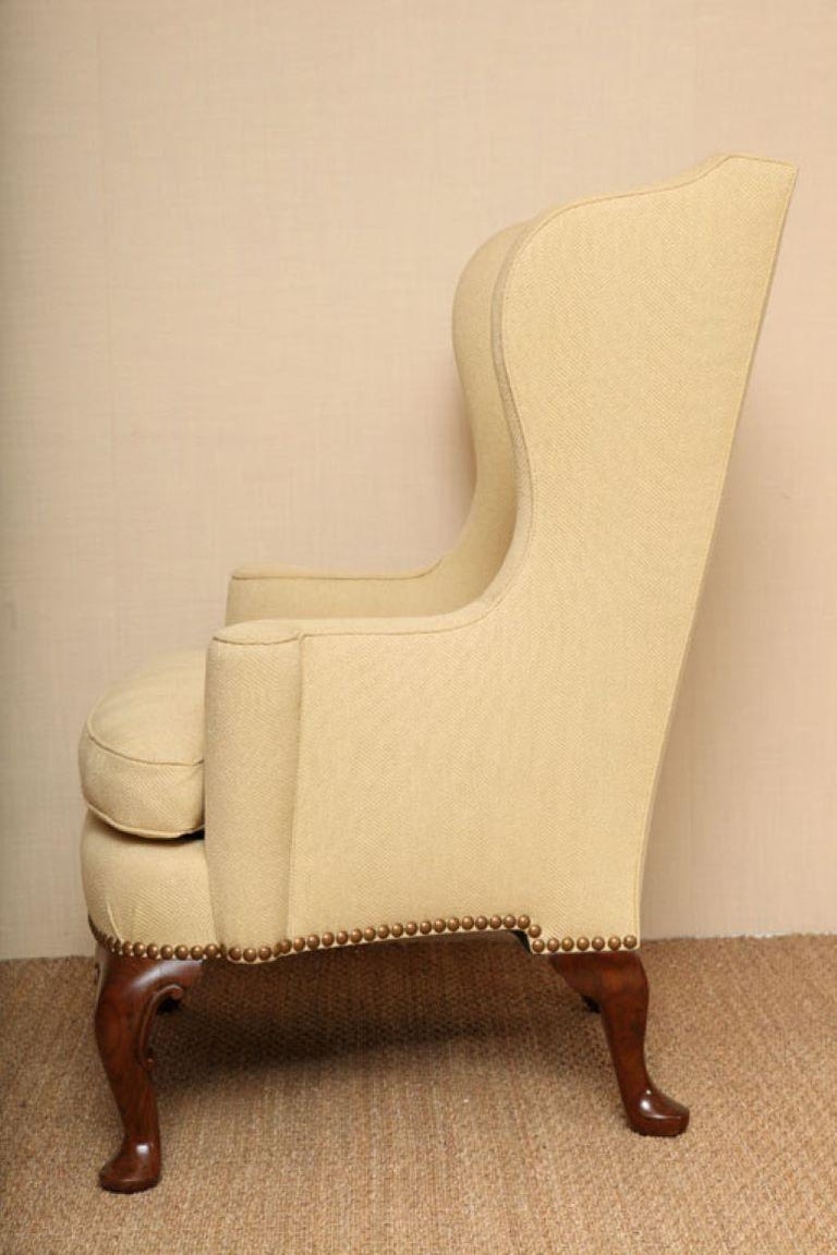 Queen Anne Style Walnut Wing Chair with Carved Legs and Goose Down ...