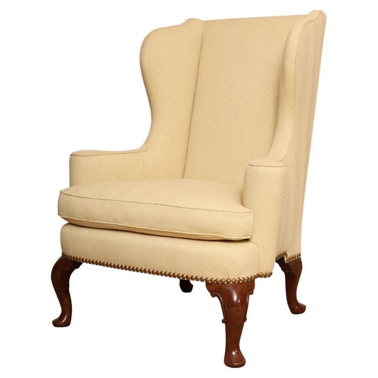 Queen Anne Style Walnut Wing Chair with Carved Legs and Goose Down ...