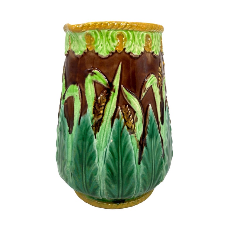 George Jones Majolica Wheat Pitcher with Green Acanthus Leaves, Ca ...