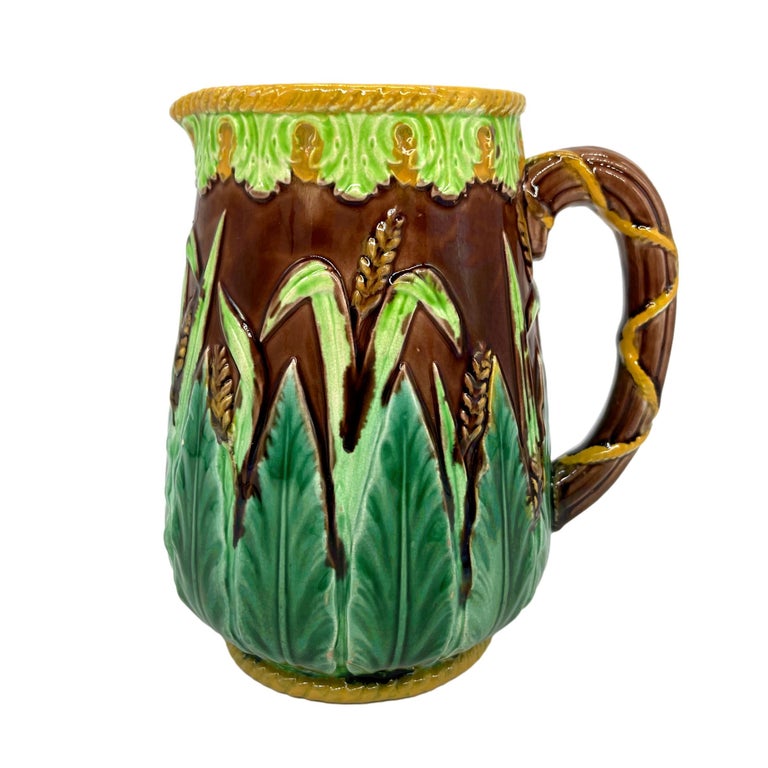 George Jones Majolica Wheat Pitcher with Green Acanthus Leaves, Ca ...