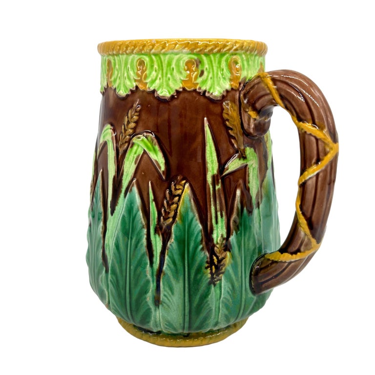 George Jones Majolica Wheat Pitcher with Green Acanthus Leaves, Ca ...