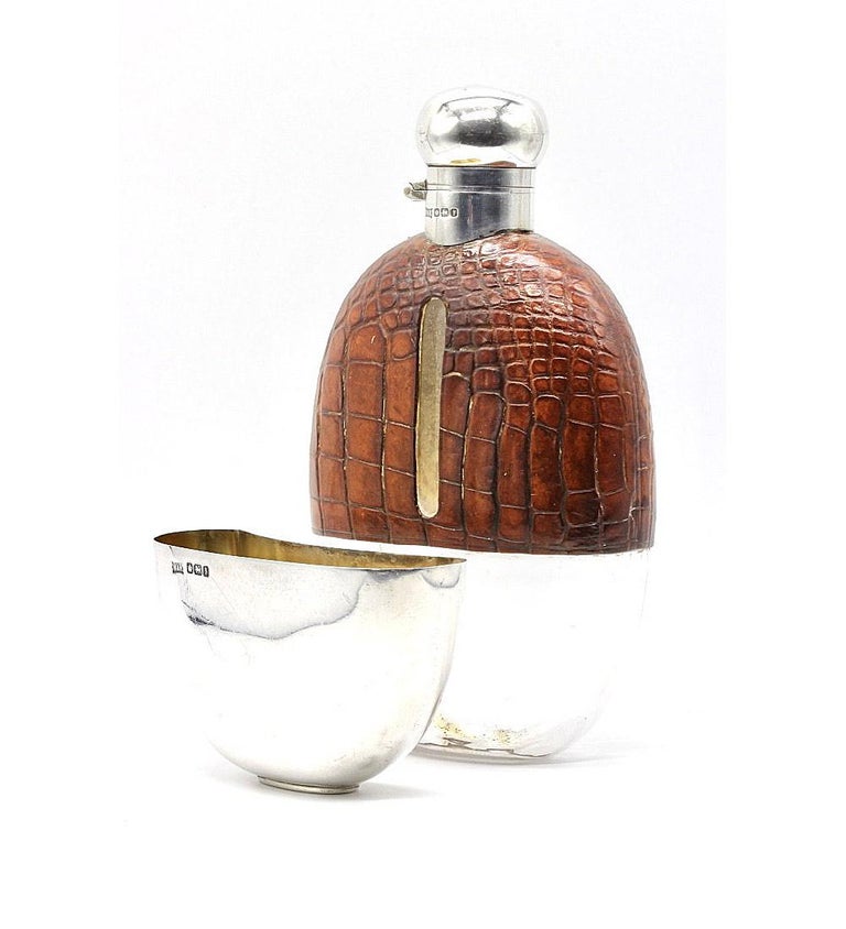 George V Silver and Glass Crocodile Skin Hip Flask with Detachable ...