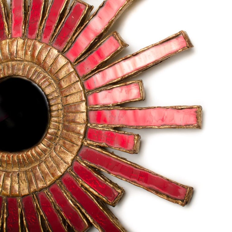 A circular red glass Mirror, in the Manner of Line Vautrin For Sale at ...